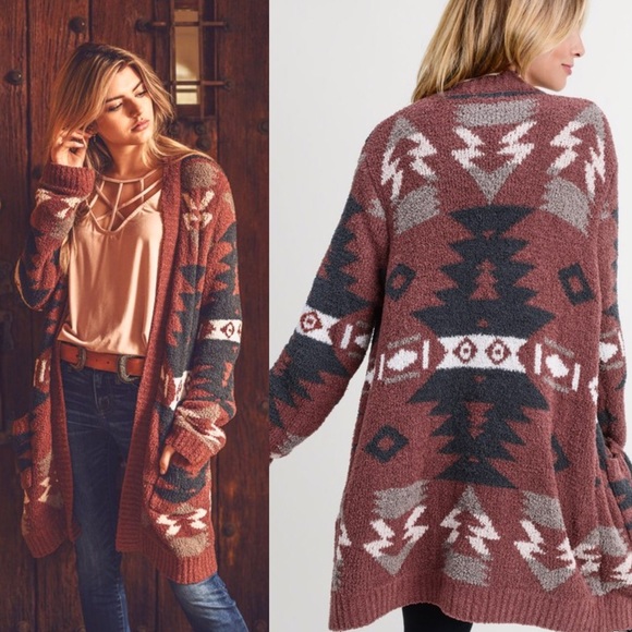Sweaters | Aztec Tribal Boho Fuzzy Long Cardigan Brick | Poshmark